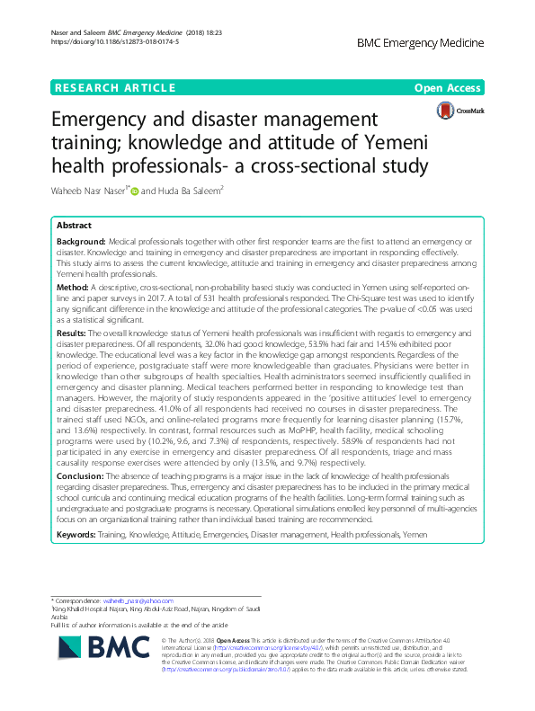 (PDF) Emergency and disaster management training; knowledge and attitude of Yemeni health ...