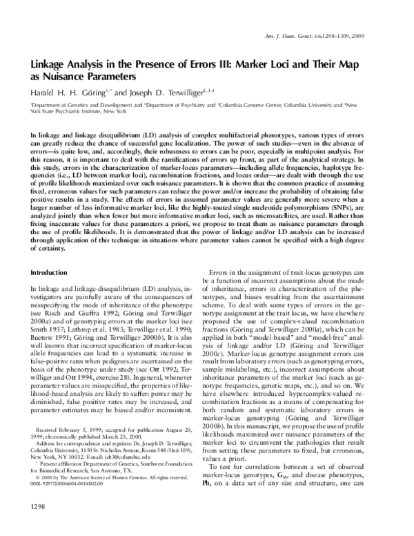 (PDF) Linkage Analysis in the Presence of Errors III: Marker Loci and Their Map as Nuisance ...
