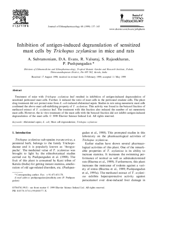 (PDF) Trichopus zeylanicus Reduces Mast Cell Degranulation
