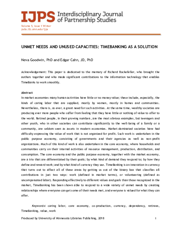 (PDF) Unmet Needs and Unused Capacities: Time Banking as a Solution