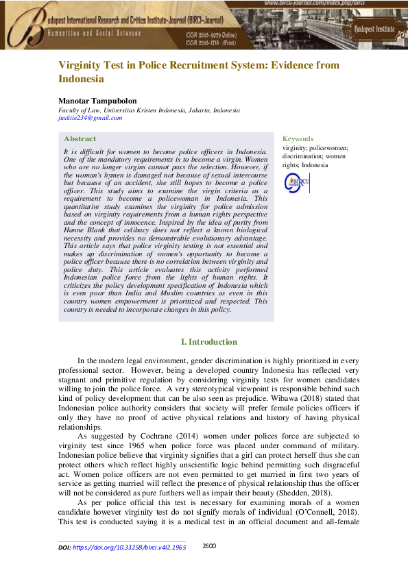 (PDF) Virginity Test in Police Recruitment System: Evidence from Indonesia