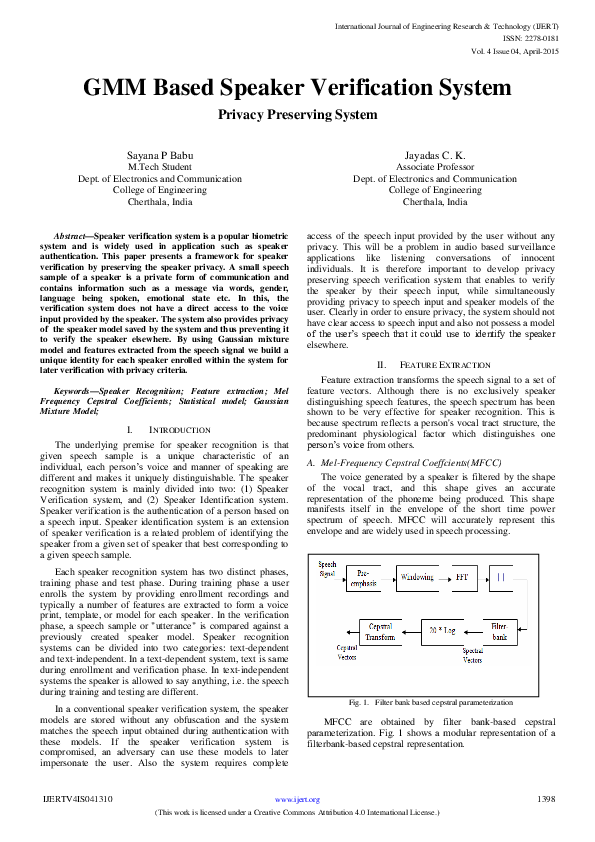 (PDF) GMM Based Speaker Verification System