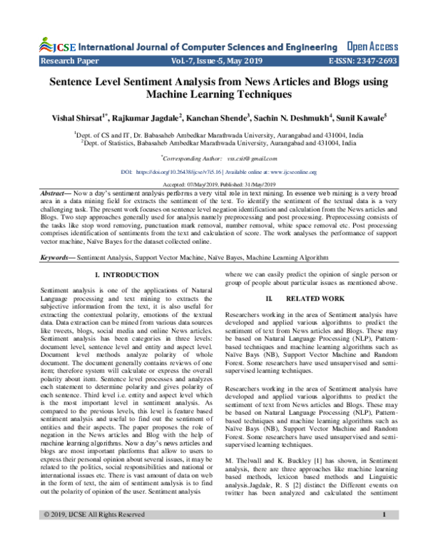 (PDF) Sentence Level Sentiment Analysis from News Articles and Blogs using Machine Learning ...