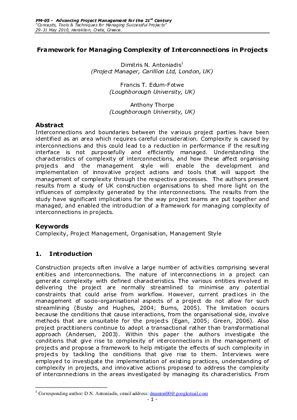 (PDF) Framework for Managing Complexity of Interconnections in Projects