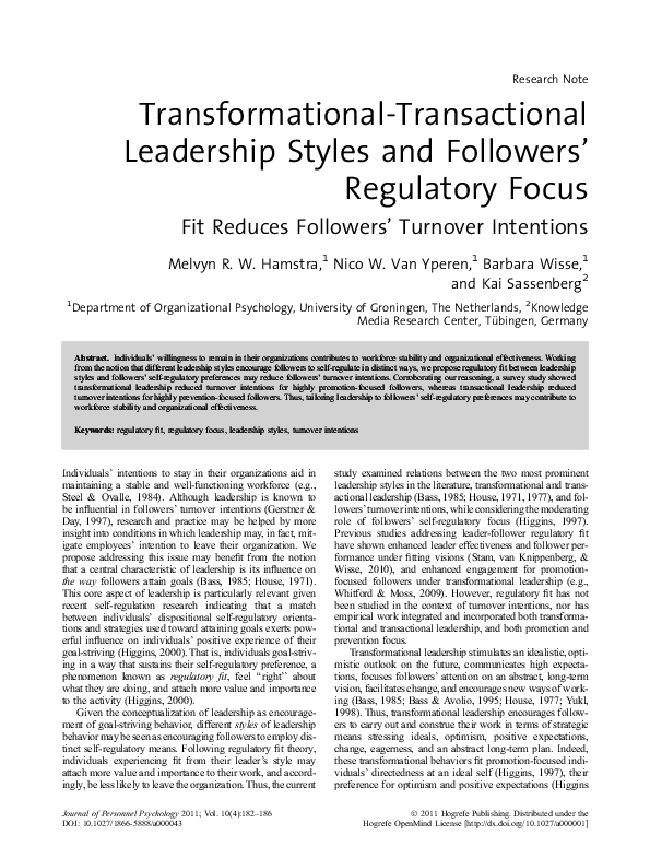 (PDF) Transformational-transactional leadership styles and followers’ regulatory focus: Fit ...