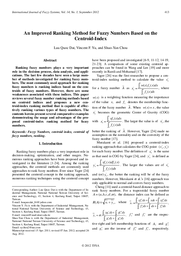 (PDF) An improved ranking method for fuzzy numbers based on the centroid-index | Vincent Yu ...