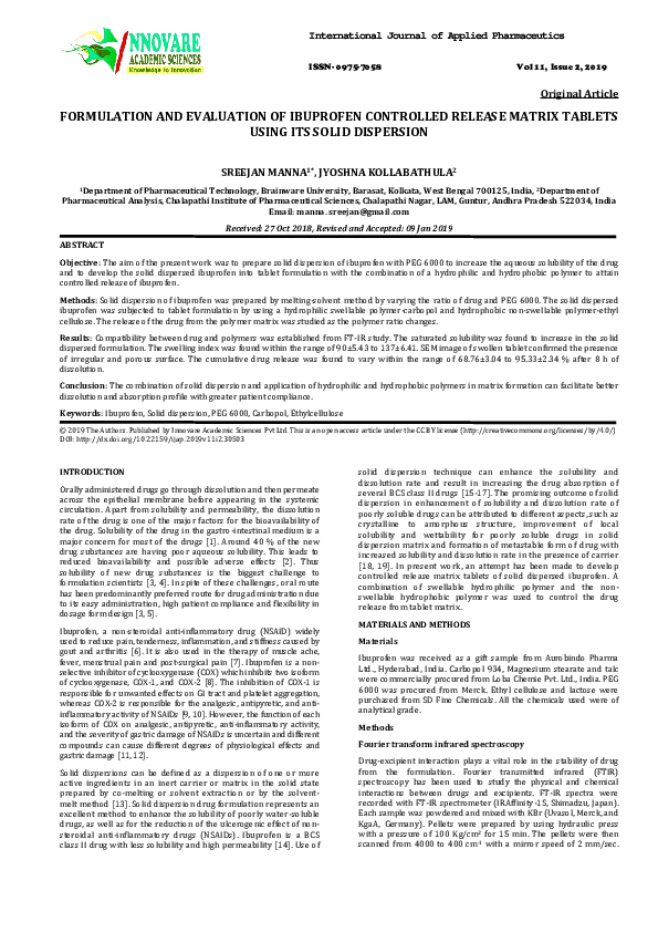 Pdf Formulation And Evaluation Of Ibuprofen Controlled Release Matrix Tablets Using Its Solid