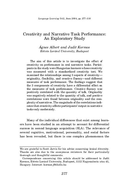 (PDF) Creativity and Narrative Task Performance: An Exploratory Study