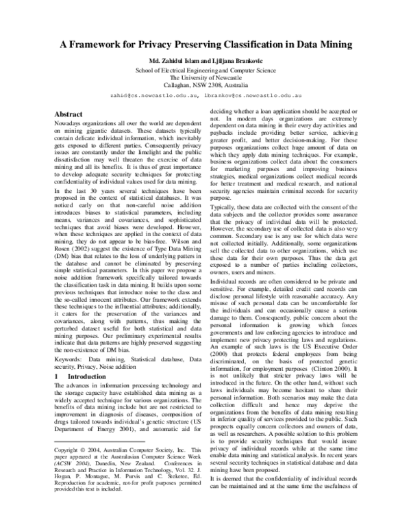 Pdf Privacy Preserving Classification Framework For Data Mining