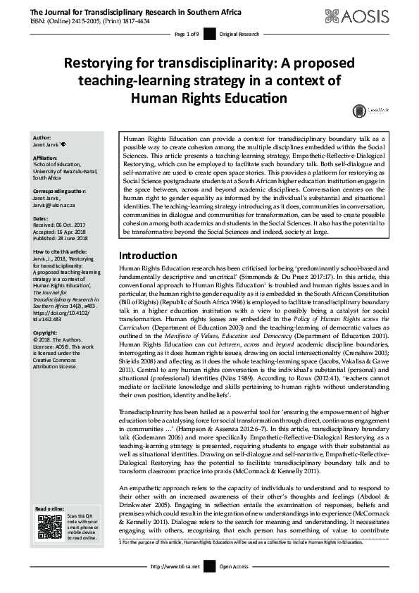 (PDF) Restorying for transdisciplinarity: A proposed teaching-learning ...