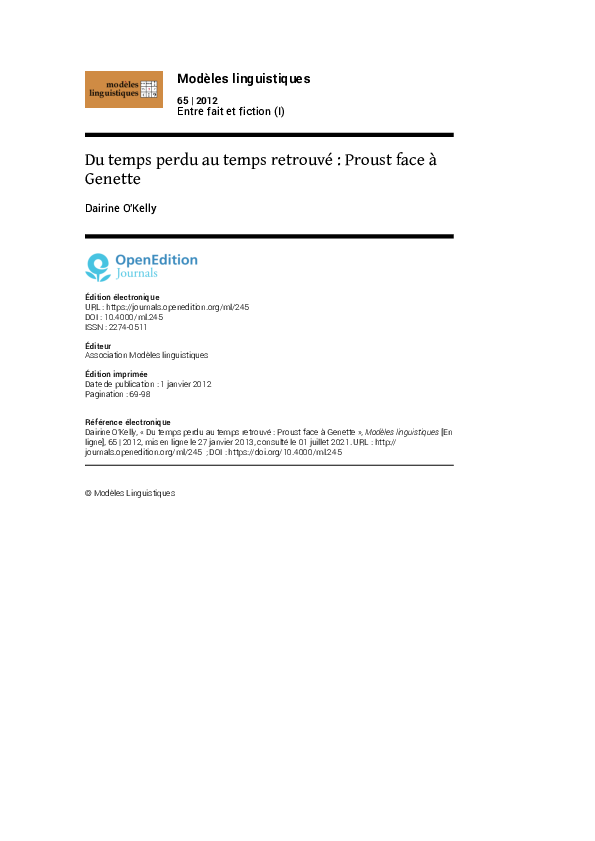 (PDF) Du temps perdu au temps retrouvé : Proust face à Genette