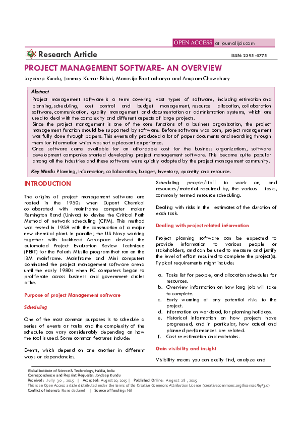 (PDF) Project Management Software-An Overview