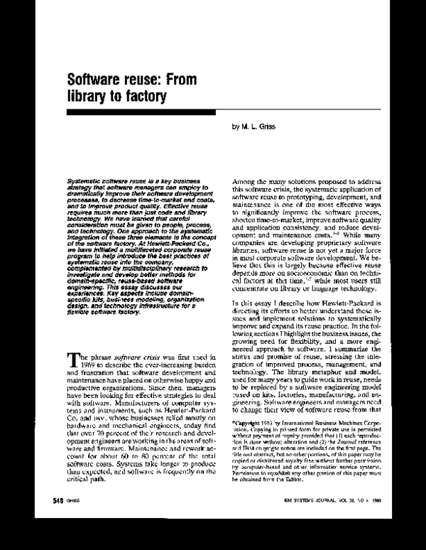 (PDF) Software reuse: From library to factory