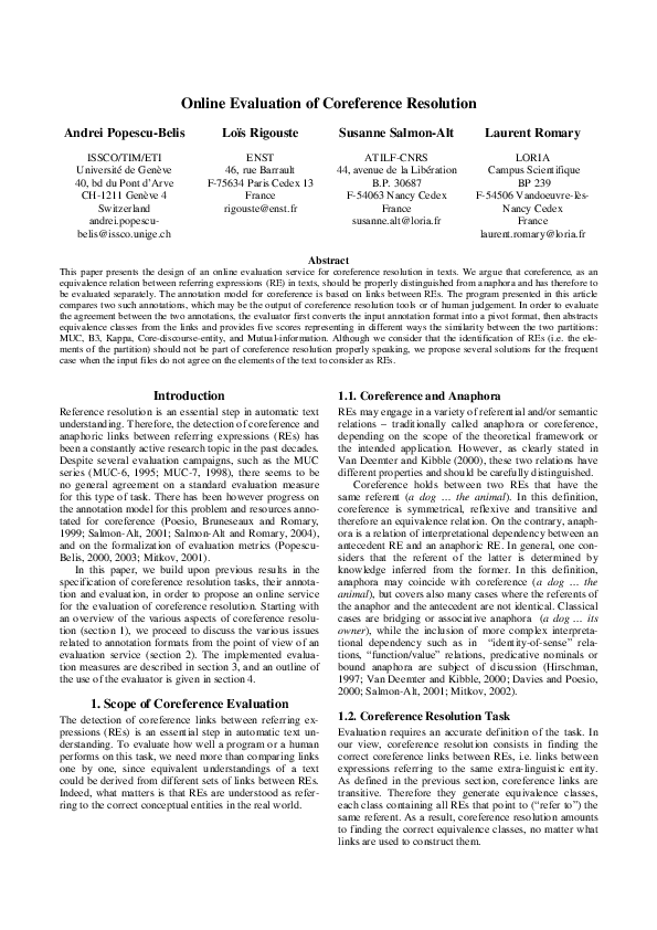 (PDF) Online evaluation of coreference resolution