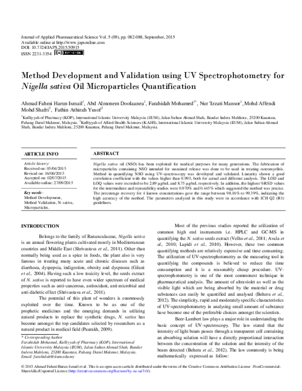 (PDF) Method Development and Validation using UV Spectrophotometry for Nigella sativa Oil ...