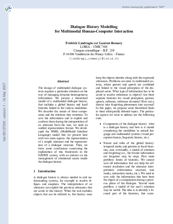 (PDF) Dialogue history modelling for multimodal human-computer interaction