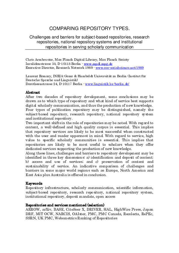 (PDF) Comparing Repository Types-Challenges and barriers for subject ...