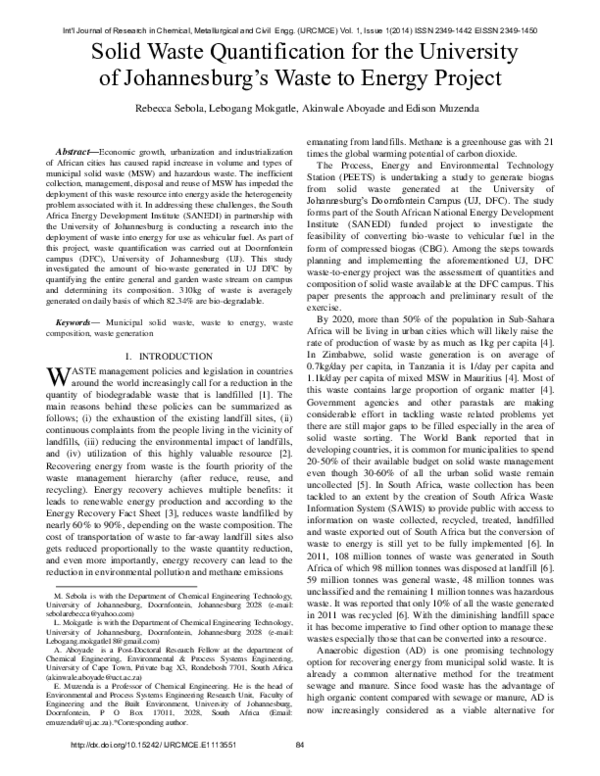 (PDF) Solid waste quantification for the University of Johannesburg's ...