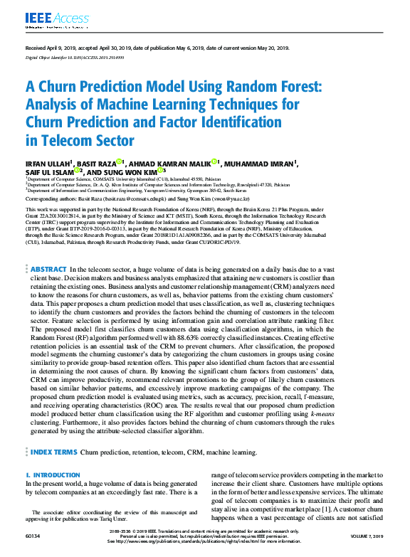 Pdf A Churn Prediction Model Using Random Forest Analysis Of Machine Learning Techniques For
