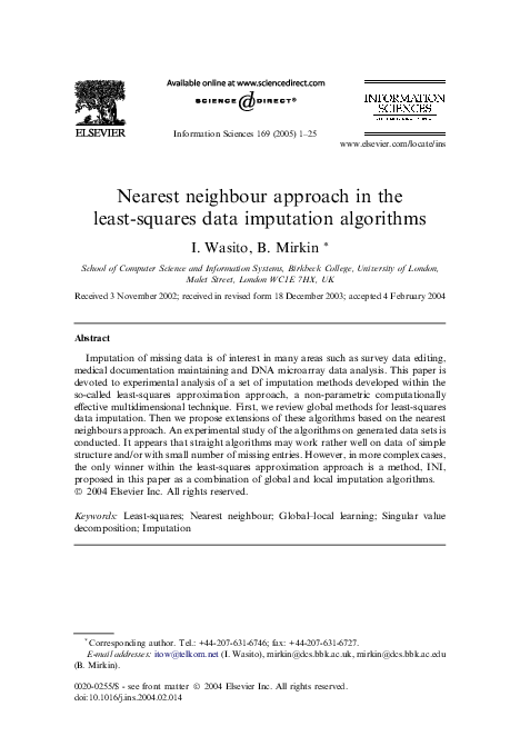 (PDF) Nearest neighbour approach in the least-squares data imputation algorithms