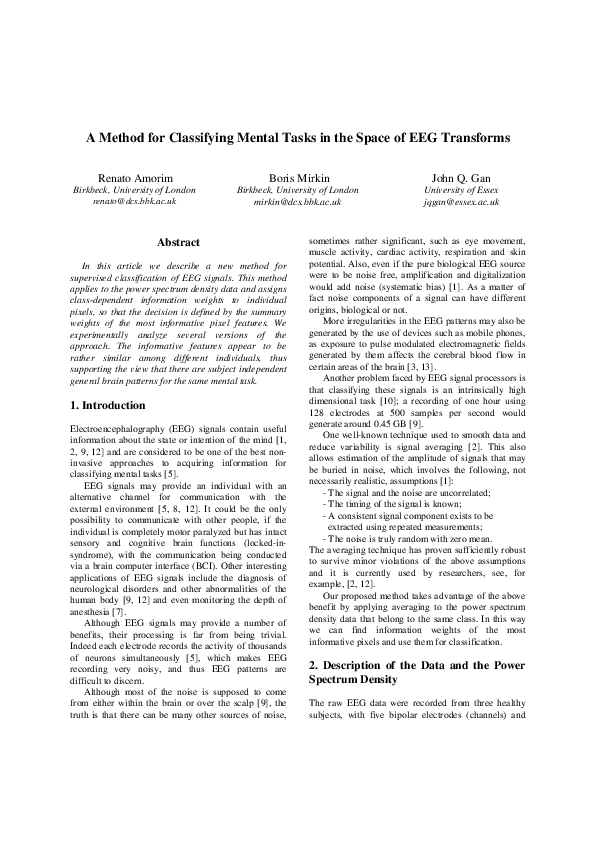 Pdf A Method For Classifying Mental Tasks In The Space Of Eeg Transforms
