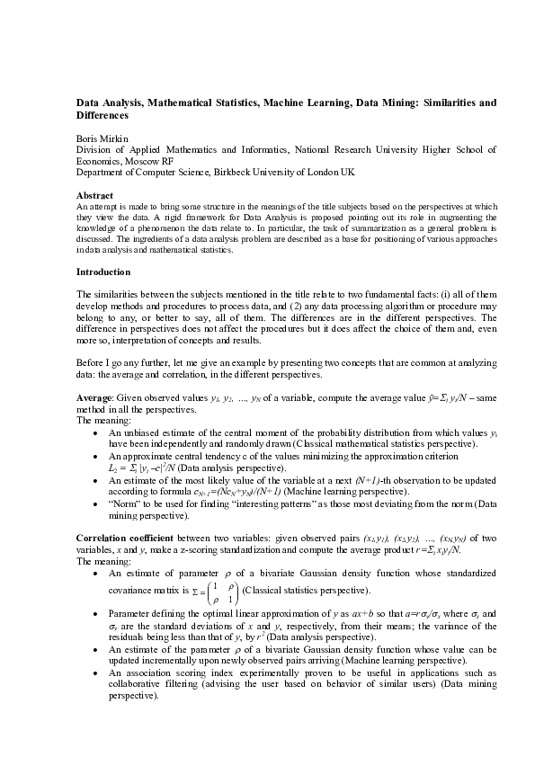 (PDF) Data analysis, mathematical statistics, machine learning, data ...