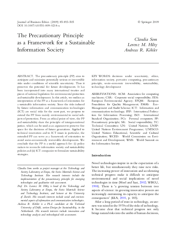 (PDF) The Precautionary Principle As a Framework for a Sustainable ...