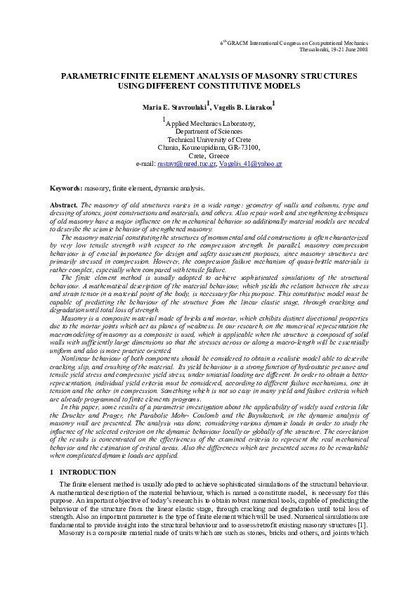 (PDF) Parametric Finite Element Analysis of Masonry Structures Using Different Constitutive Models