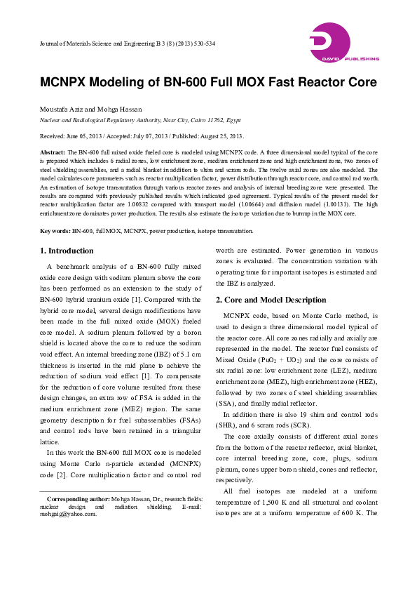 (PDF) MCNPX Modeling of BN-600 Full MOX Fast Reactor Core | Mohga ...