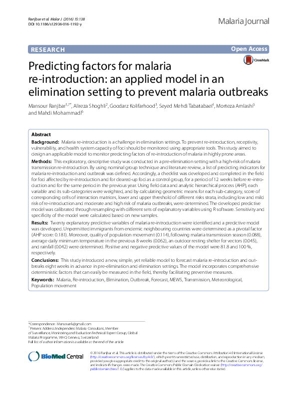 (PDF) Modeling Malaria Re-Introduction Risks in Elimination