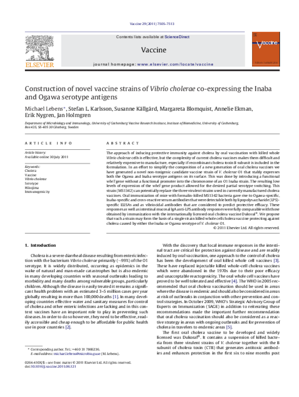 (PDF) Construction of novel vaccine strains of Vibrio cholerae co ...