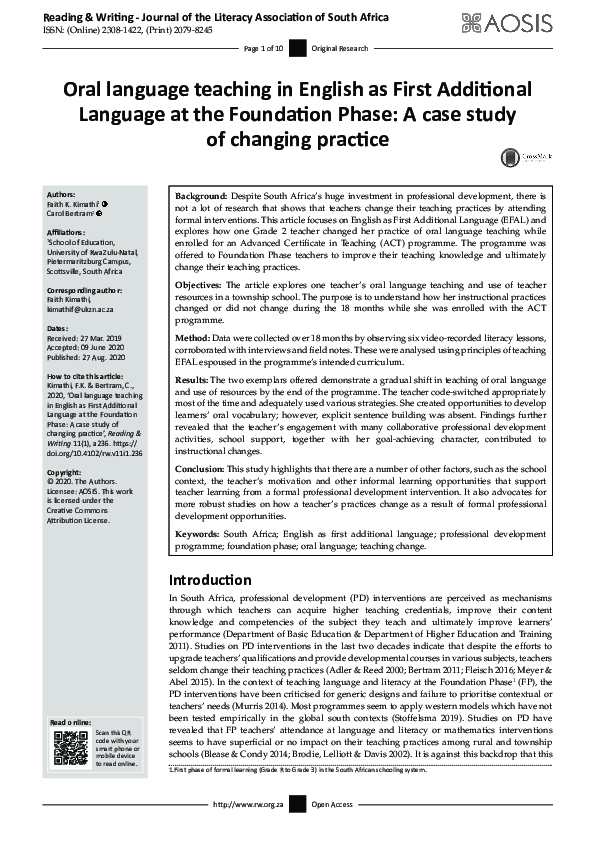 (PDF) Oral language teaching in English as First Additional Language at ...