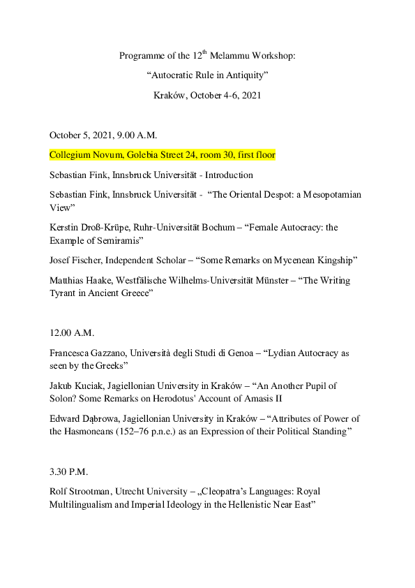 (PDF) Programme of the 12th Melammu Workshop