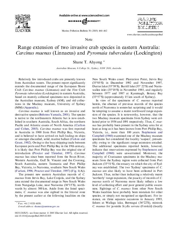 (PDF) Range extension of two invasive crab species in eastern Australia ...