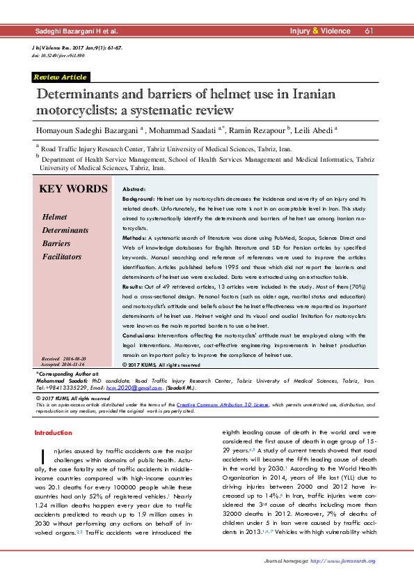 (PDF) Determinants and barriers of helmet use in Iranian motorcyclists: a systematic review ...