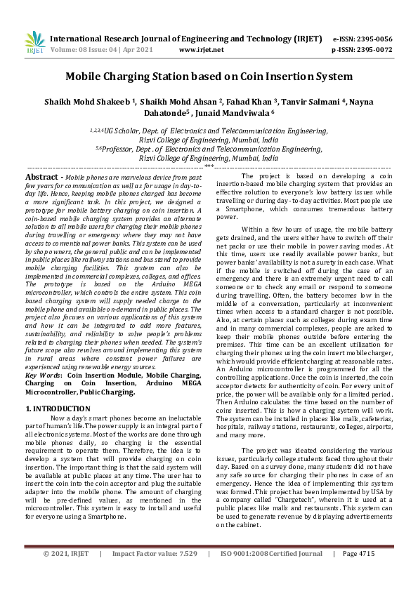 (PDF) IRJET- Mobile Charging Station based on Coin Insertion System