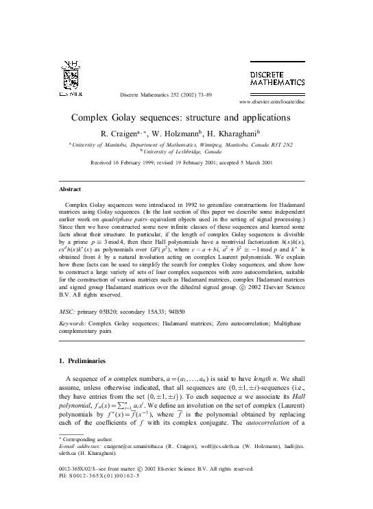 (PDF) Complex Golay sequences: structure and applications