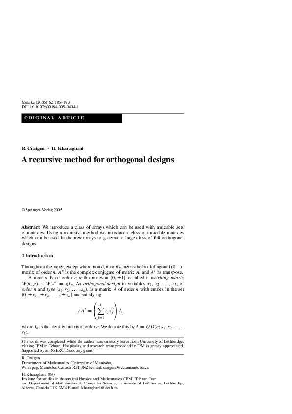 (PDF) A recursive method for orthogonal designs