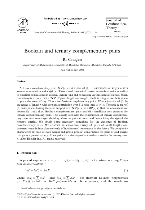 (PDF) Boolean and ternary complementary pairs