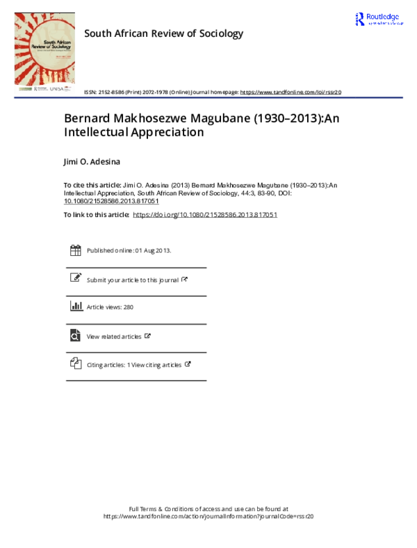 (PDF) Bernard Makhosezwe Magubane (1930–2013):An Intellectual Appreciation