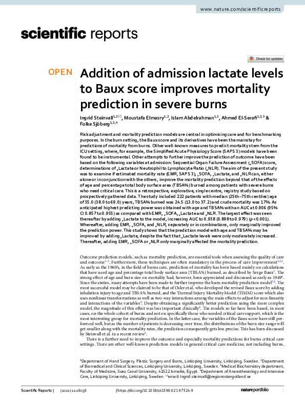 (PDF) Addition of admission lactate levels to Baux score improves ...