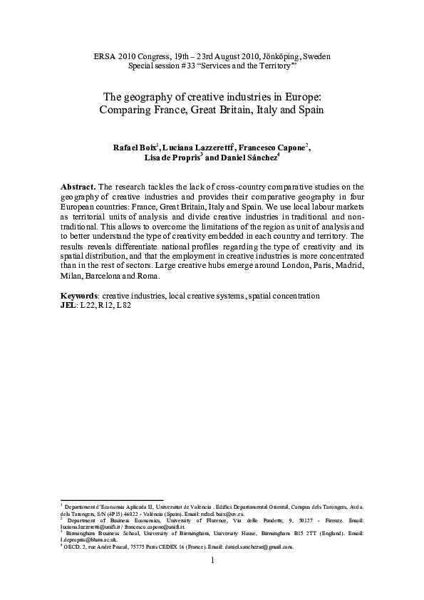 (PDF) The geography of creative industries in Europe: Comparing France ...