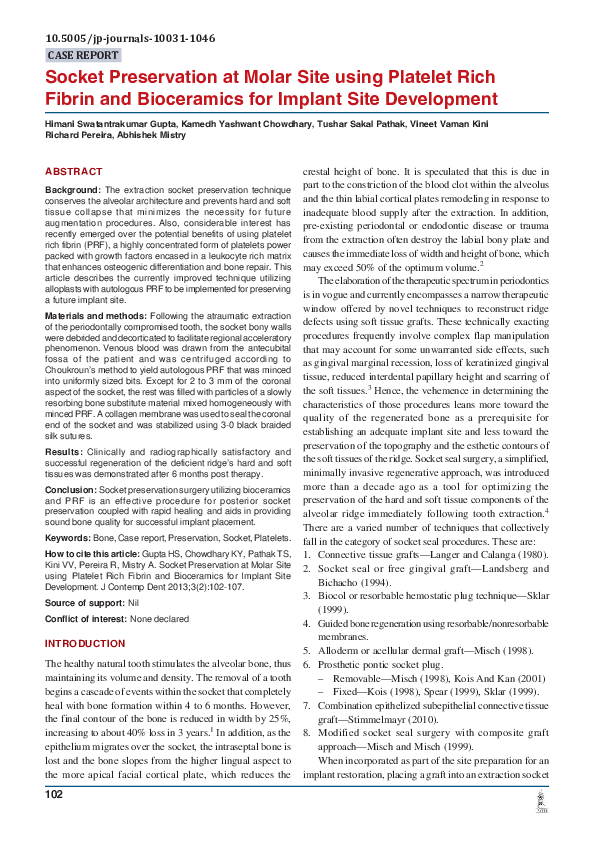 (PDF) Socket Preservation at Molar Site using Platelet Rich Fibrin and ...