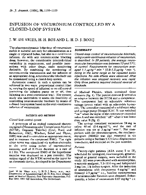 (PDF) Infusion of Vecuronium Controlled by a Closed-Loop System