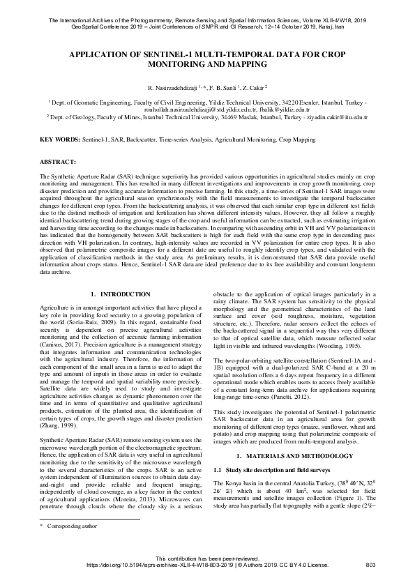 Pdf Application Of Sentinel 1 Multi Temporal Data For Crop Monitoring And Mapping