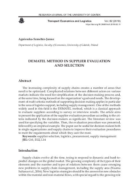 Pdf Dematel Method In Supplier Evaluation And Selection