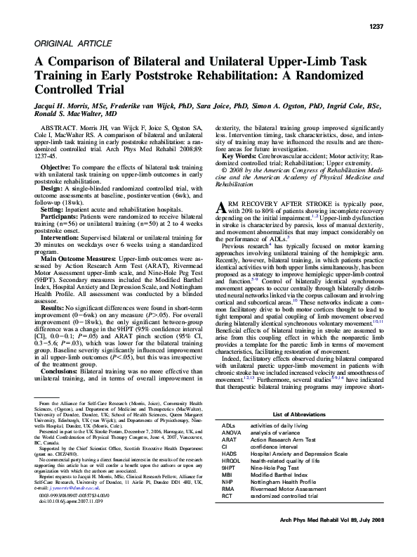 (PDF) A Comparison of Bilateral and Unilateral Upper-Limb Task Training ...
