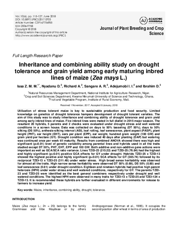 (PDF) Inheritance and combining ability study on drought tolerance and grain yield among early ...