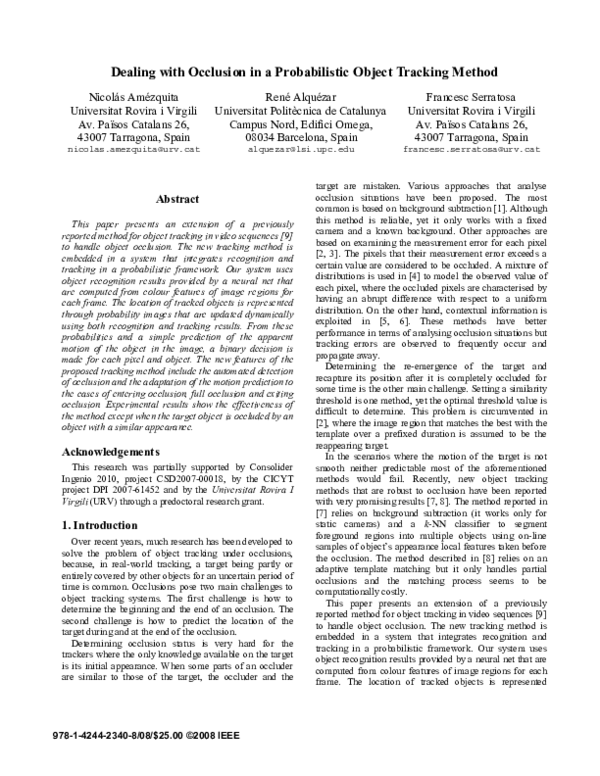 (PDF) Dealing with occlusion in a probabilistic object tracking method