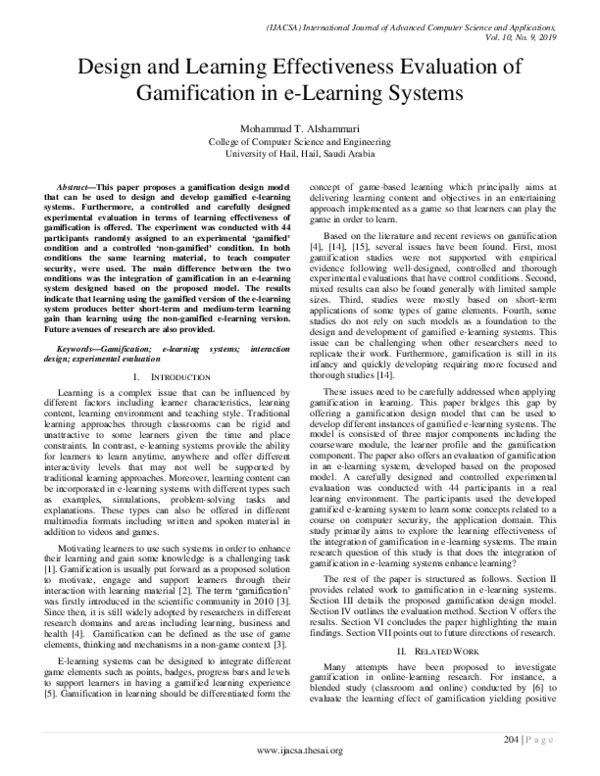 (PDF) Design and Learning Effectiveness Evaluation of Gamification in e-Learning Systems
